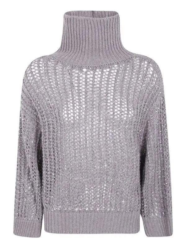 D.exterior Open-knit Crystal Turtleneck Sweater - Gray