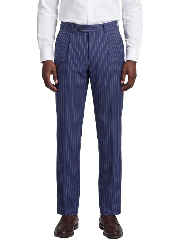 Brunello Cucinelli Slim Fit Pinstripe Virgin Wool Tailored Trousers - Navy