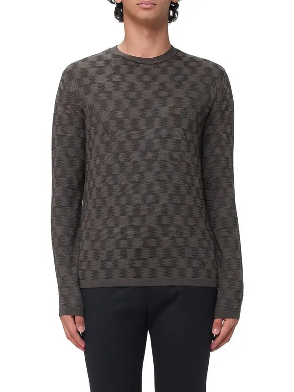 Emporio Armani Jacquard Crewneck Jumper In Pure Virgin Wool - Brown