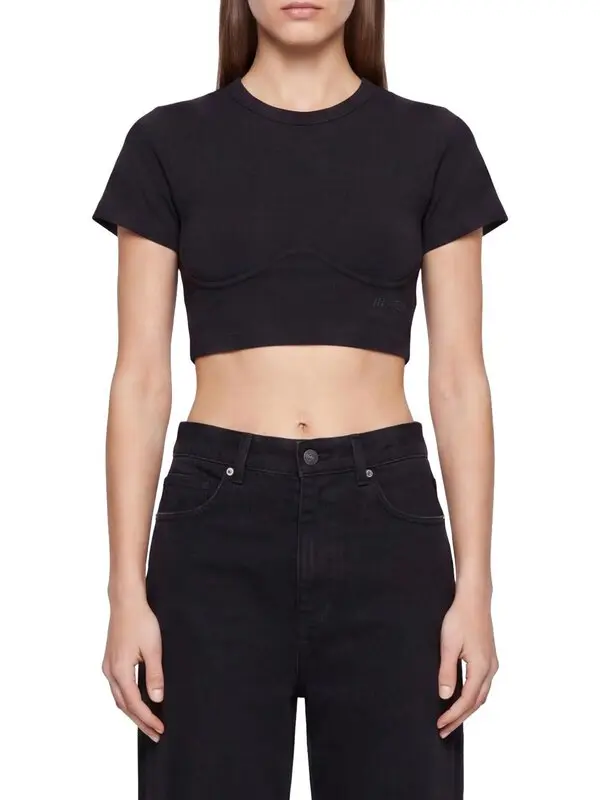 Attico Cropped Cotton T-shirt With Embroidered Logo - Black
