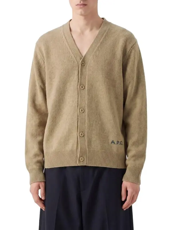 A.p.c. V-neck Pure Wool Cardigan With Contrast Logo - Beige