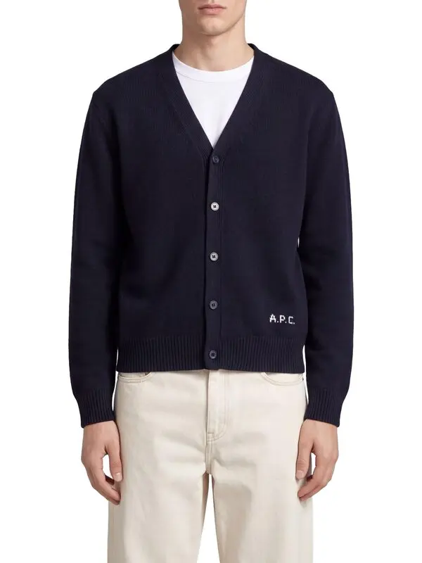 A.p.c. Pure Wool V-neck Cardigan With Contrast Logo - Navy