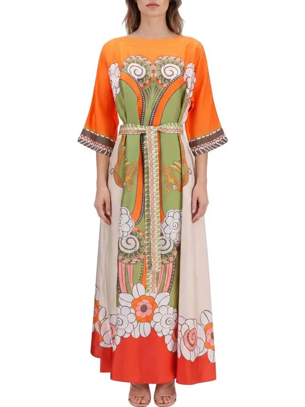 La DoubleJ A-line Long Sleeve Silk Dress With Ethnic Print And Belt - Green