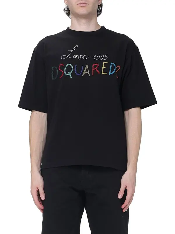 Dsquared2 Cotton T-shirt With Multicolour Embroidered Logo And Dropped Shoulders - Black