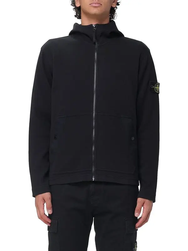 Stone Island Compass Logo Cotton Zip-up Hoodie - Black