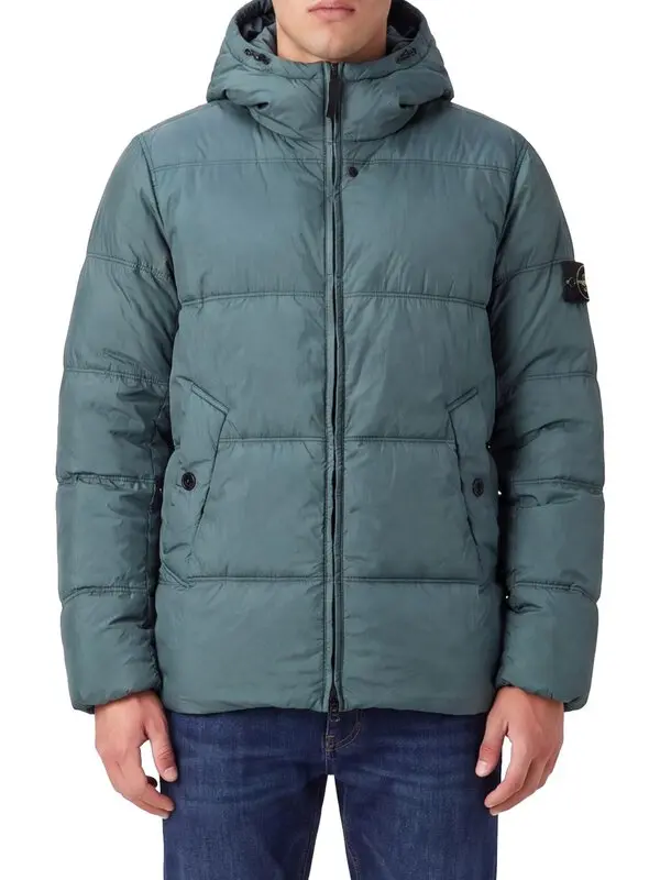 Stone Island Hooded Puffer Jacket With Compass Logo - Olive