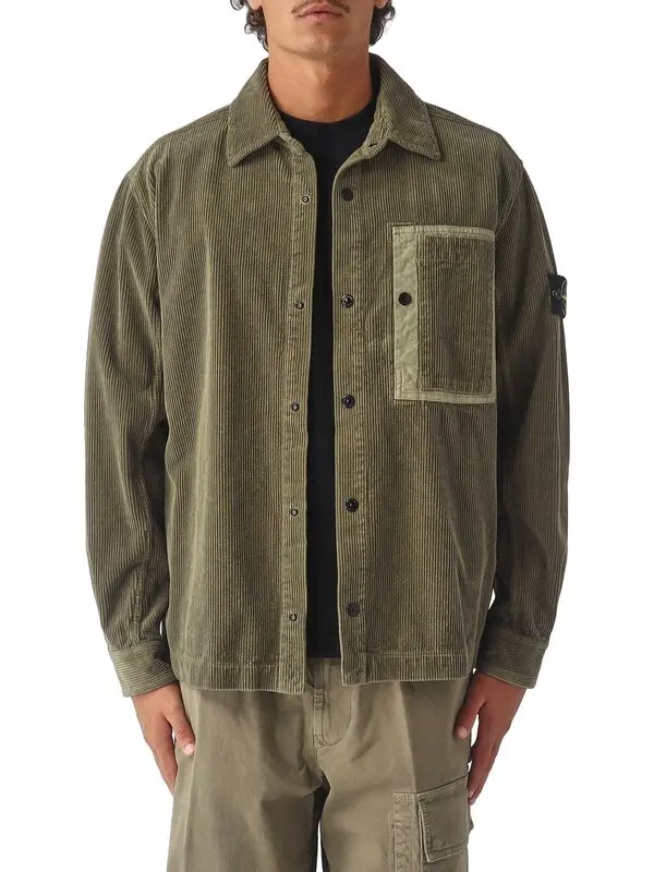 Stone Island Velvet Shirt Jacket With Compass Logo - Military