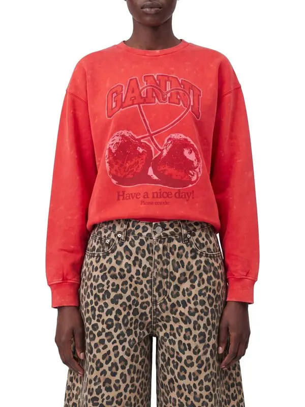 GANNI Cotton Crewneck Sweatshirt With Graphic Cherry Print - Red