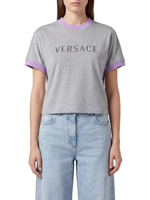 Versace Cotton T-shirt With Printed Logo And Contrast Trims - Grey 1
