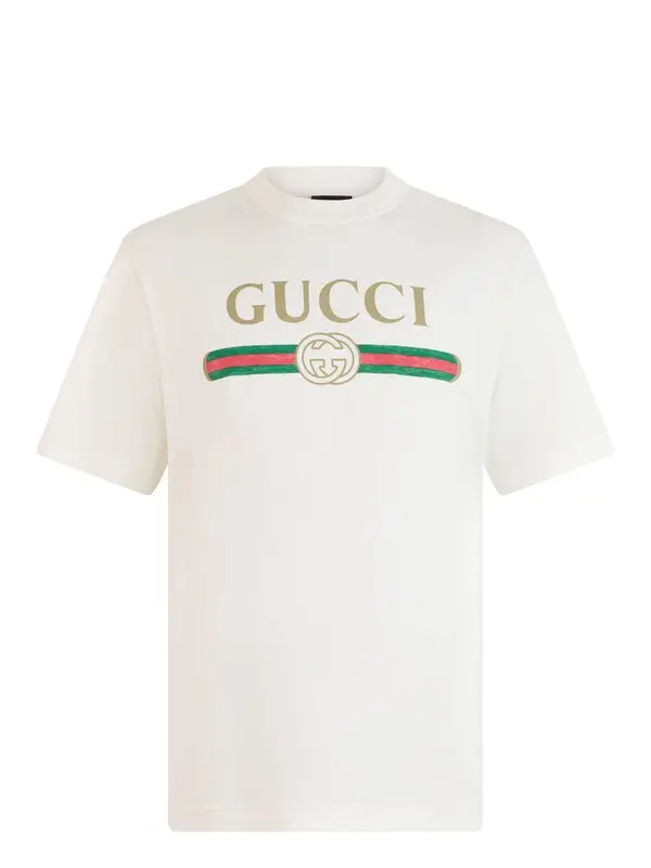 Gucci Style Cotton & Silk Jersey T-shirt With Graphic Logo Print - White