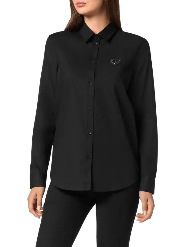 Philipp Plein Long-sleeved Cotton Shirt With Metallic Logo Detail - Black