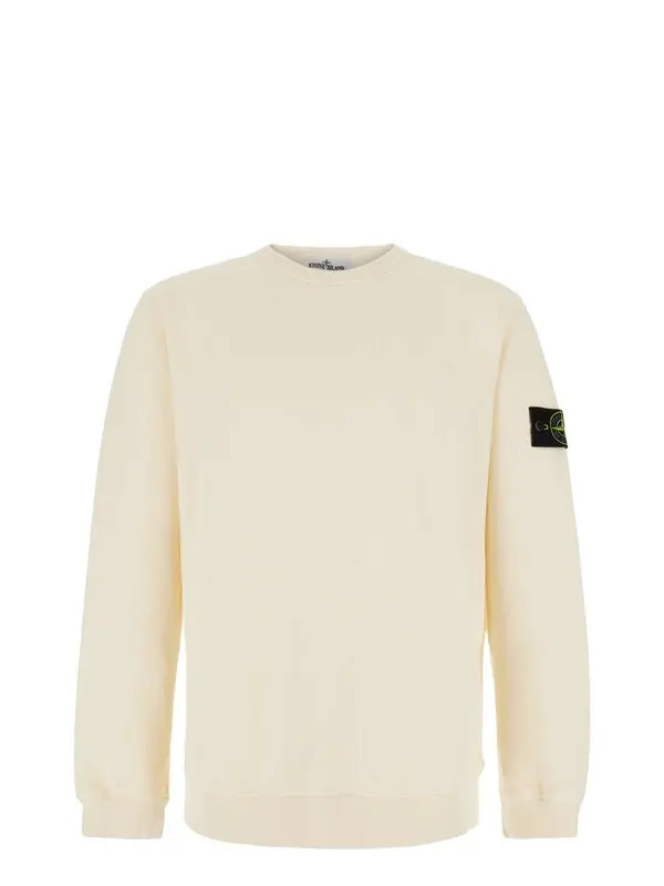 Stone Island Crewneck Jumper In Cotton Jersey With Compass Logo Patch - Milk