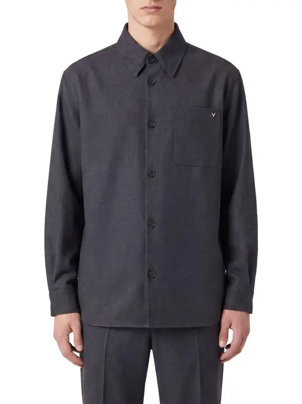 Valentino Garavani Wool Blend Shirt Jacket With Patch Pocket And Vlogo Signature - Grey