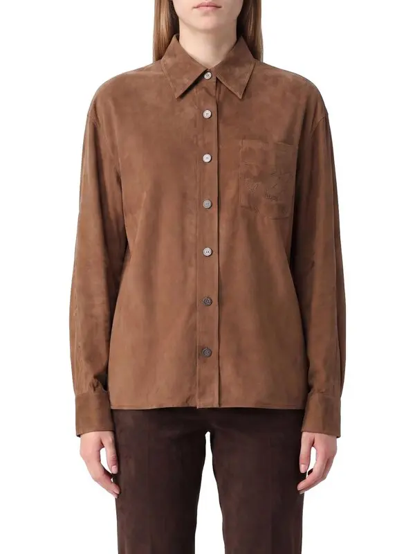 Pinko Cupro And Viscose Twill Shirt With Dropped Shoulders - Brown