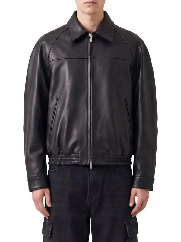 TONYWACK Lambskin Leather Bomber Jacket With Dropped Shoulders And Elasticated Hem - Black