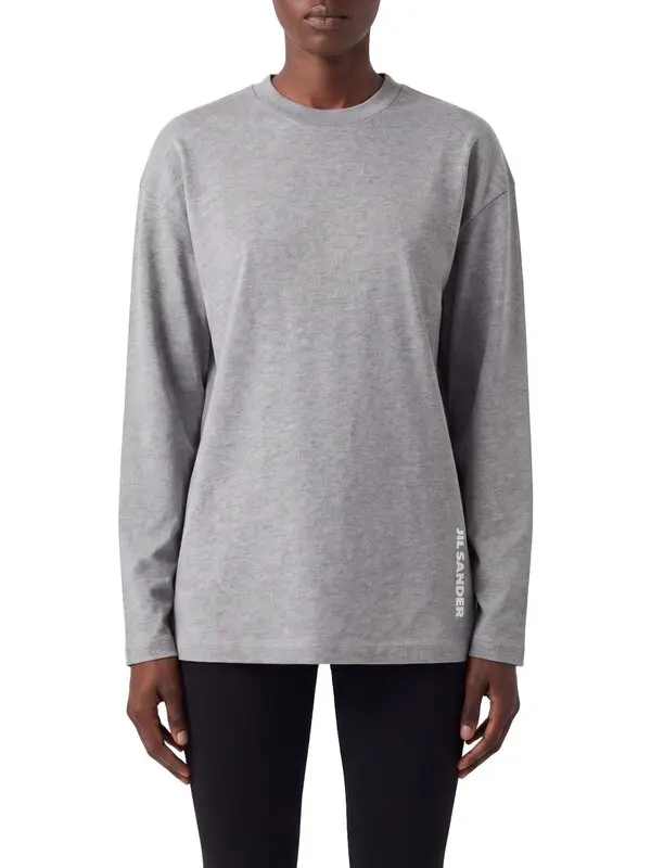 JIL SANDER Long Sleeve Cotton T-shirt With Contrast Logo Detail - Smoke Grey