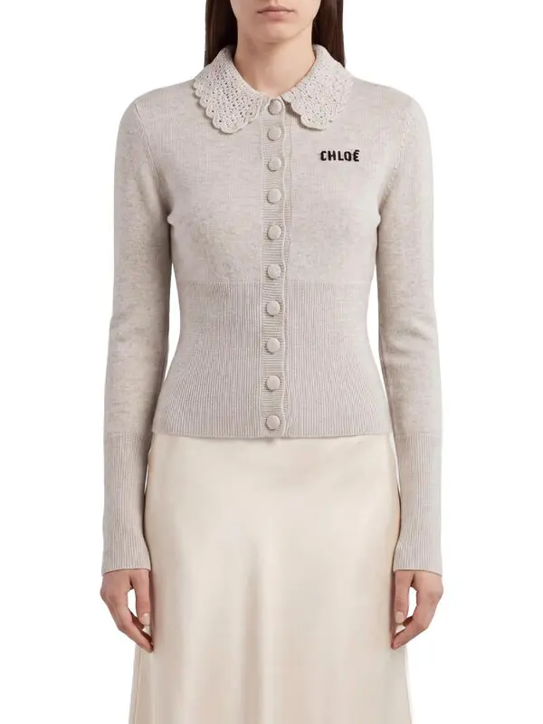Chloé Slim Fit Wool Polo Cardigan With Contrasting Logo - Grey