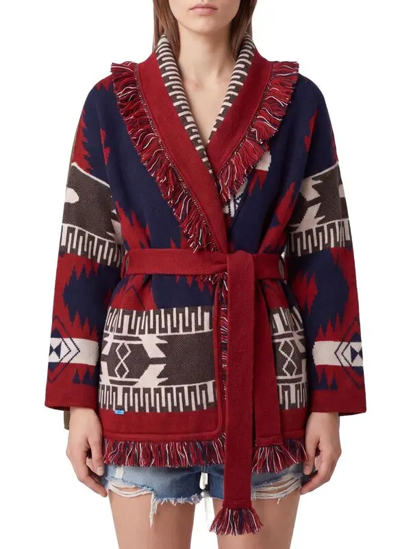 Alanui Robe Cardigan In Cashmere With Ethnic Pattern And Fringes - Burgundy