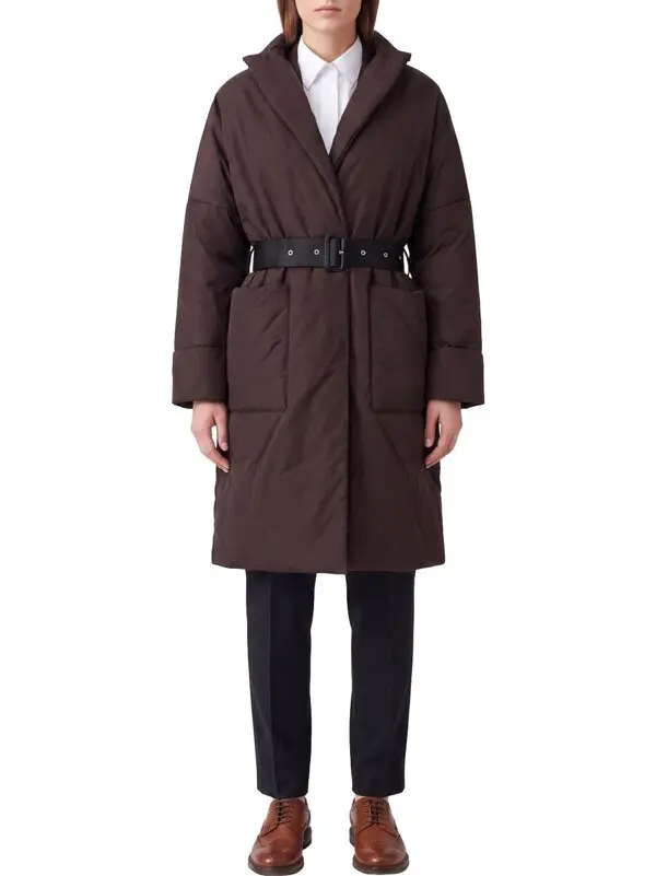 SEMICOUTURE Long Quilted Down Jacket With Adjustable Belt - Brown