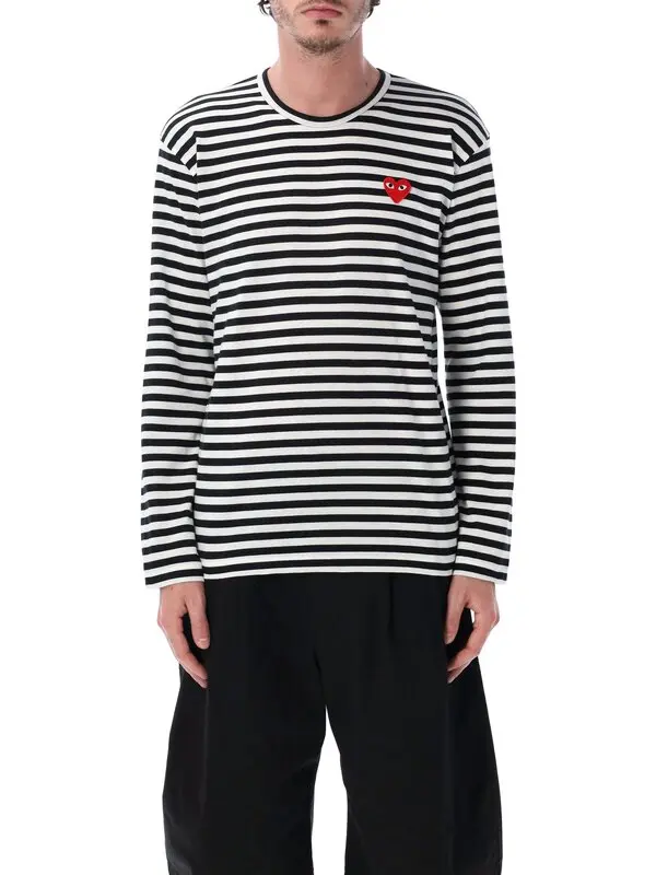 Play Comme Des Garcon Striped Long Sleeve T-shirt With Heart Logo - Nero
