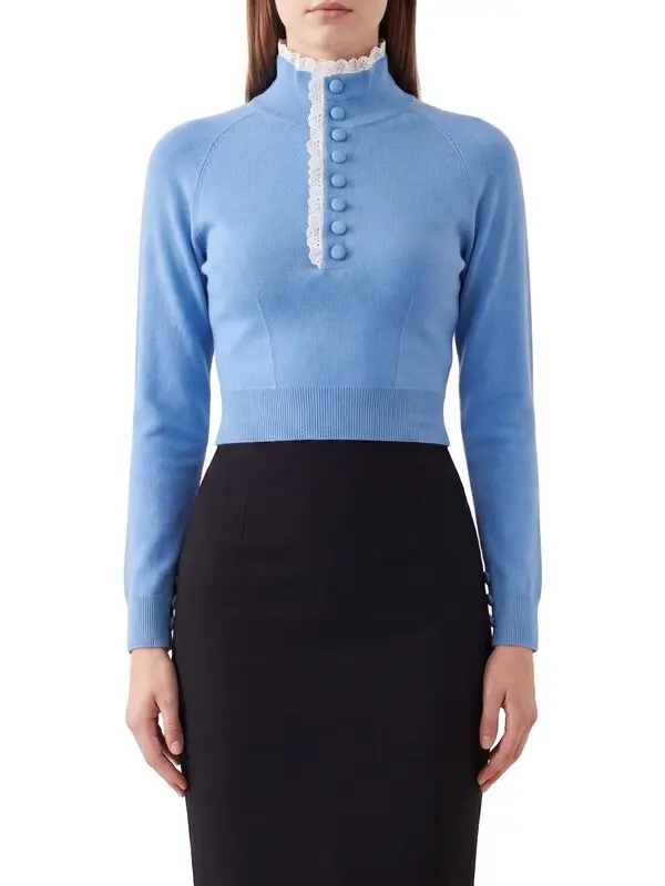 Chloé Cropped Slim Fit Wool Jumper With Ruffles And Embroidery - Blue