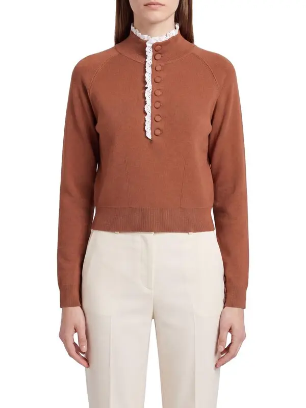 Chloé Cropped Slim Fit Wool Jumper With Ruffles And Embroidery - Brown