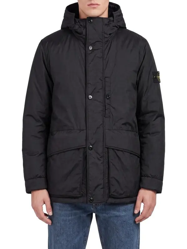 Stone Island Short Water-repellent Parka With Drawstring Hood And Logo Detail - Black