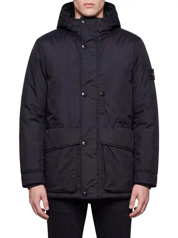 Stone Island Short Water-repellent Parka With Drawstring Hood And Logo Detail - Blue