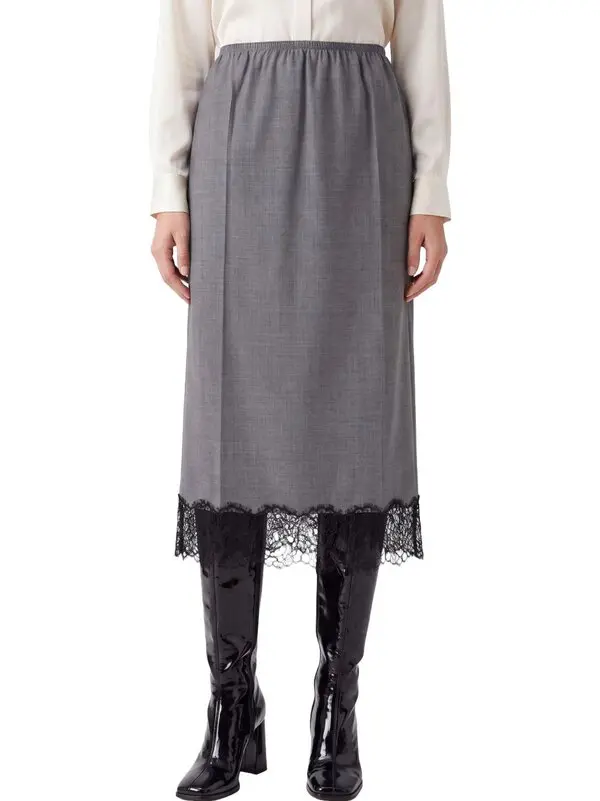 SEMICOUTURE Midi Skirt With Lace Trim - Grey