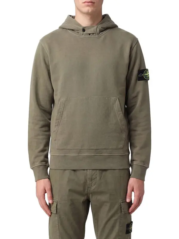 Stone Island Cotton Hoodie With Kangaroo Pocket And Compass Logo - Military