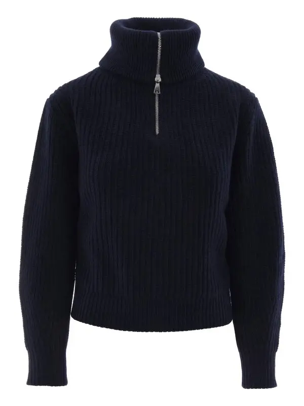 Max Mara Ribbed Knit Half-zip Turtleneck Sweater - Blu