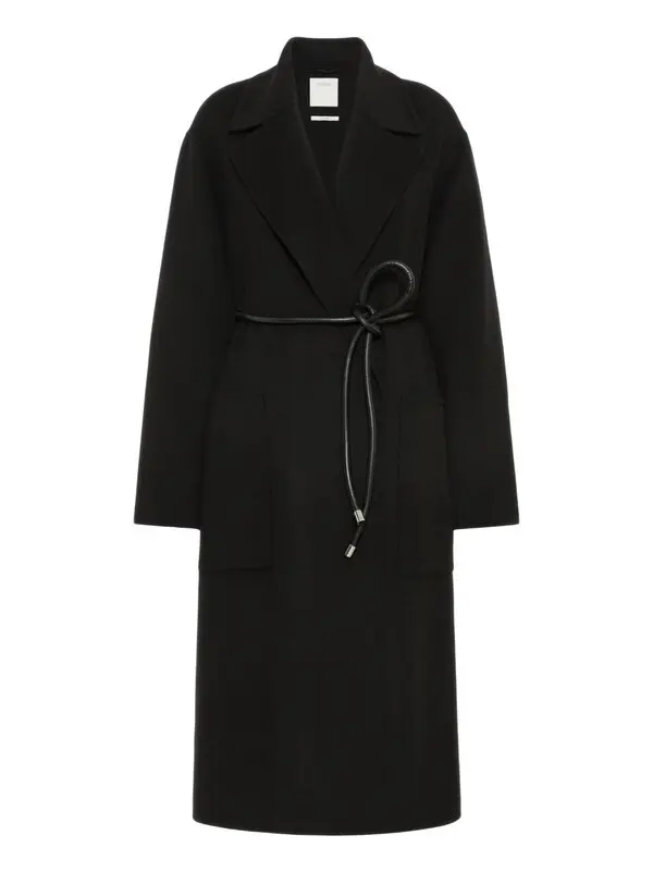 Sportmax Hand-sewn Double Virgin Wool Coat With Patch Pockets And Belted Detail - Nero