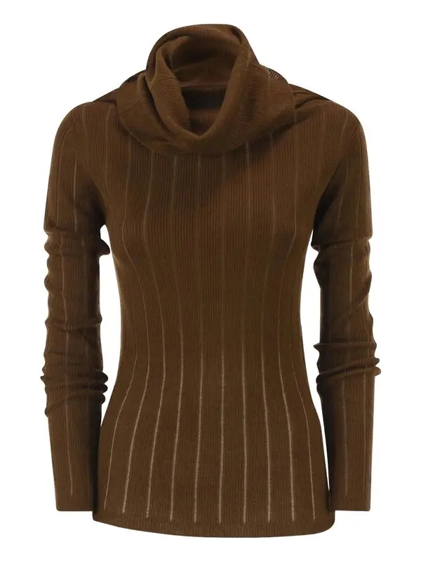 Max Mara Silk And Wool Turtleneck Sweater With Embroidered Details - Marrone