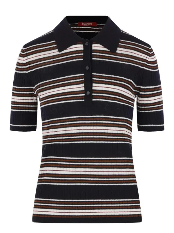 Max Mara Striped Silk-wool Knit Polo With Ribbed Collar - Blu