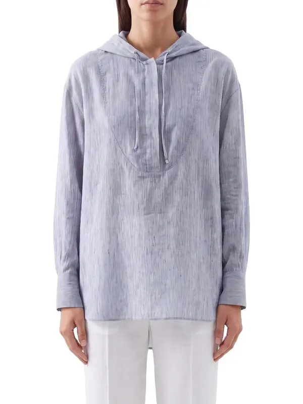 Brunello Cucinelli Striped Linen Silk Hooded Shirt - Blue