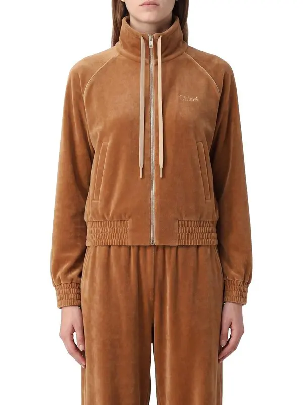 Chloé Cotton Velvet High Neck Zip-up Sweatshirt With Contrast Logo - Beige