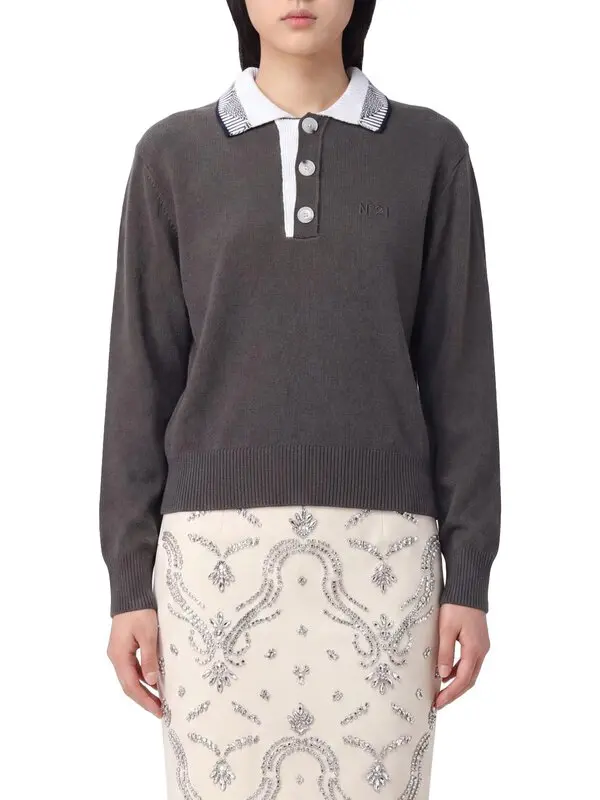 N° 21 Long-sleeved Pure Wool Polo With Contrast Tipping - Green