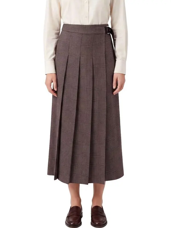PAROSH Pleated Plaid Midi Skirt With Belt Detail - Brown