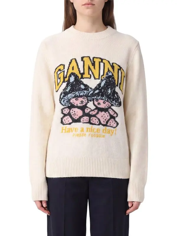 GANNI Slim Fit Recycled Wool Jumper With Logo Print - Mastic
