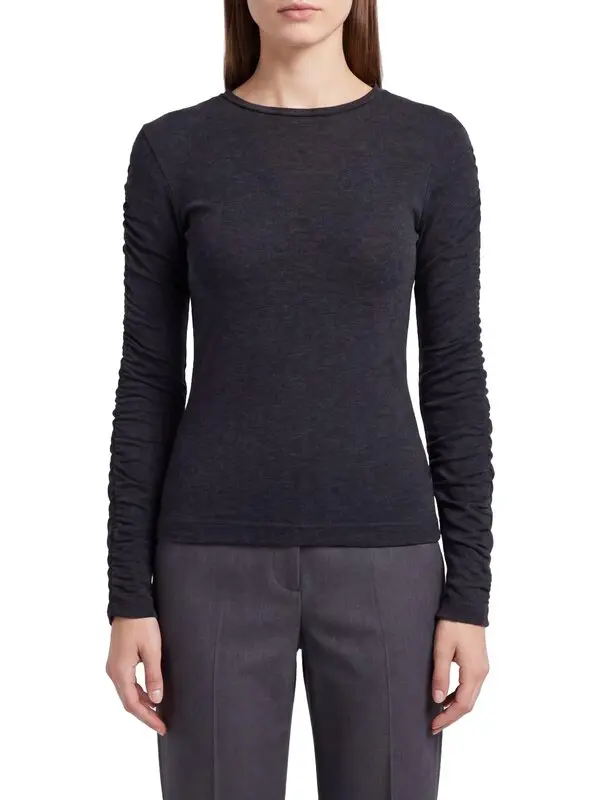 Pinko Slim Fit Cotton And Wool Blend Jumper With Ruched Sleeves - Grey