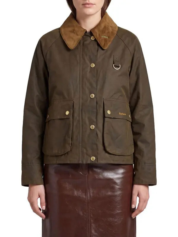 Barbour Modern Spey Cropped Waxed Cotton Jacket With Velvet Collar - Green