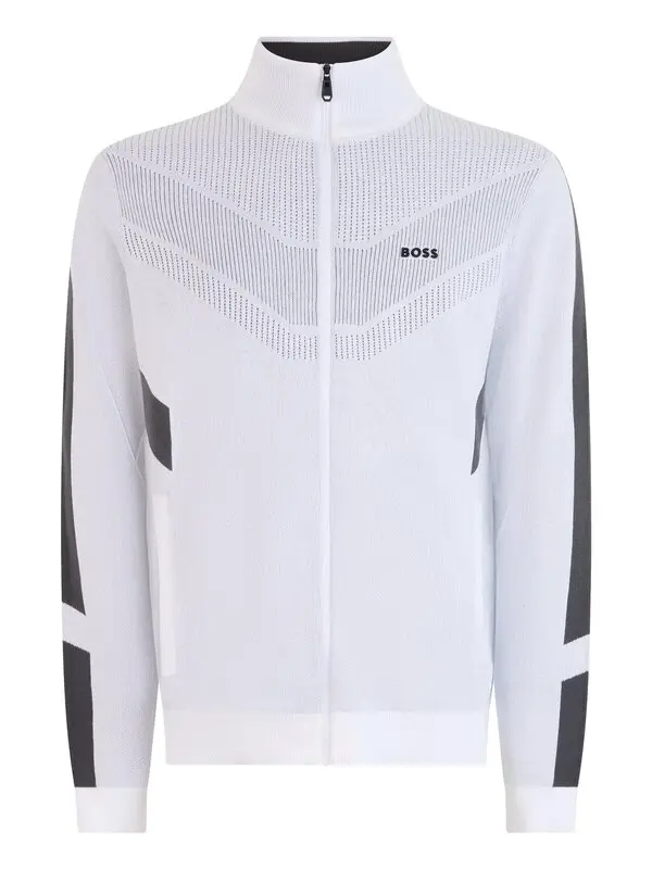 BOSS Lightweight Cotton High Collar Zip-up Sweater - White