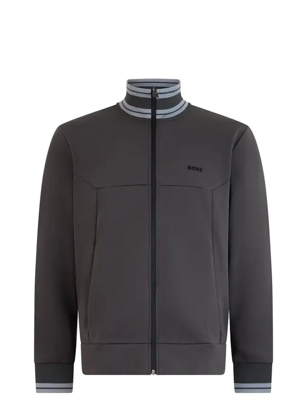 BOSS Lightweight Cotton Zip Hoodie With High Collar Pocket - Grey