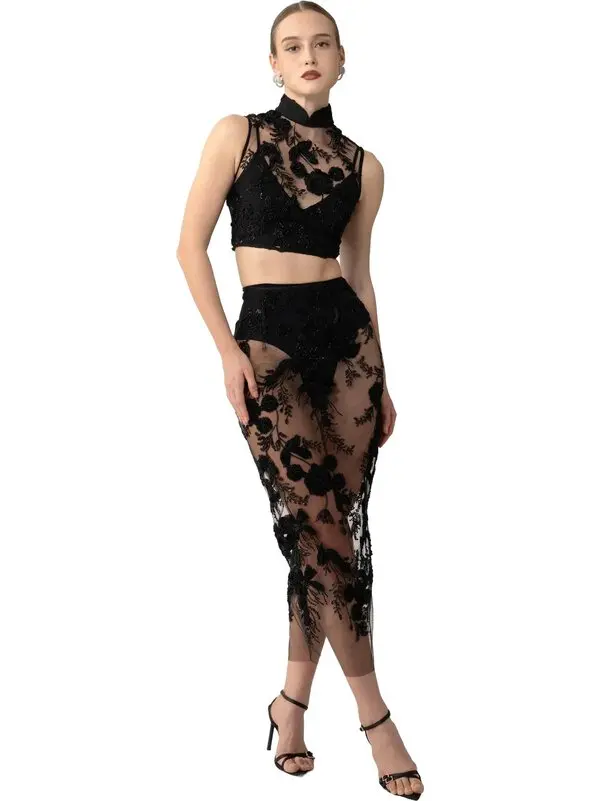 SAU LEE Skye Sheer Floral Sequin Midi Skirt - Black