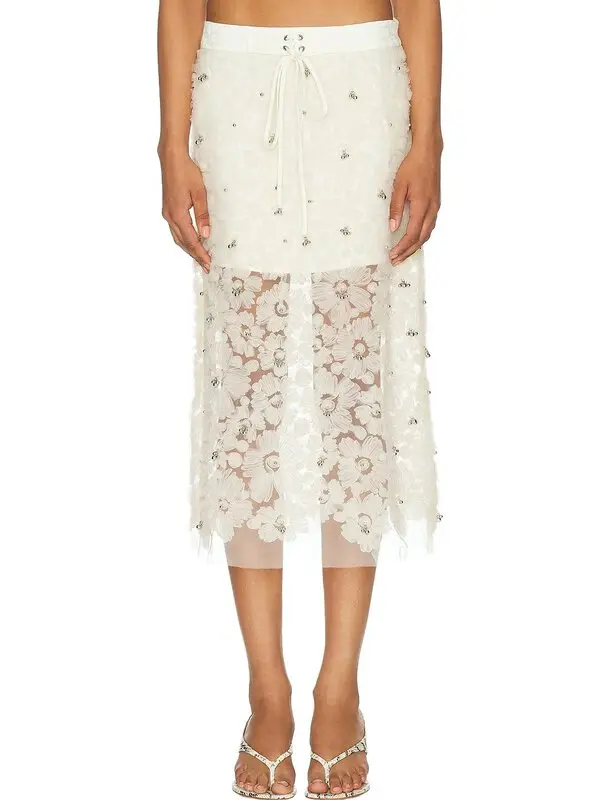 SIEDRES Sheer Floral Applique Midi Skirt - Ecru