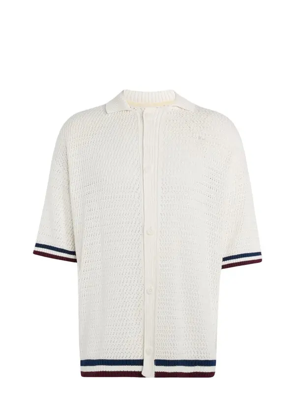 Adidas Crochet Knit Button-up Shirt With Striped Trim - Cloud White