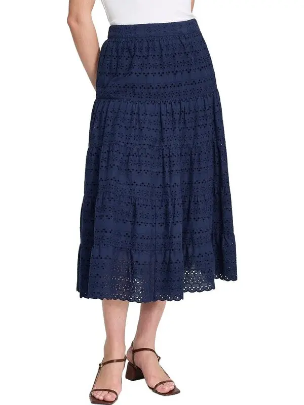 FINERY LONDON Broderie Anglaise Tiered Midi Skirt - Navy