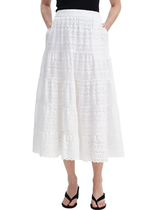 FINERY LONDON Broderie Anglaise Tiered Midi Skirt - White
