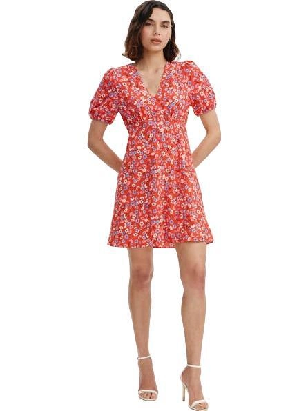 FINERY LONDON Ensley Button Through Short Dress - Red Daisy