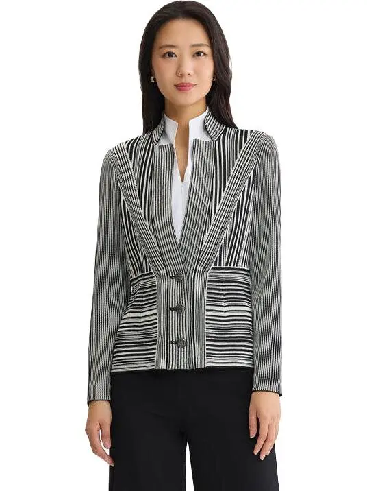 Ming Wang Monochrome Striped Knit Jacket With Inverted Notch Collar - Black